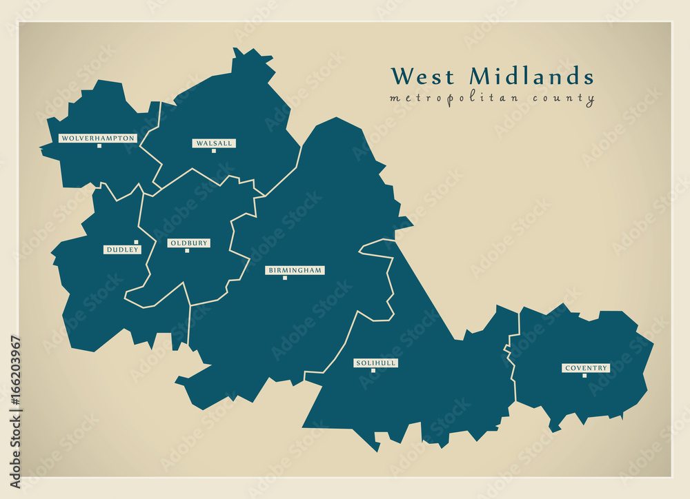 Modern Map - West Midlands metropolitan county with cities and ...