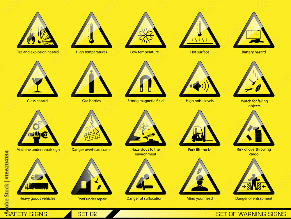 Set of safety warning signs. Signs of danger. Signs of alerts. Stock ...