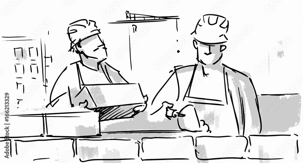 Men working at a construction building Vector sketch for cartoon, or ...