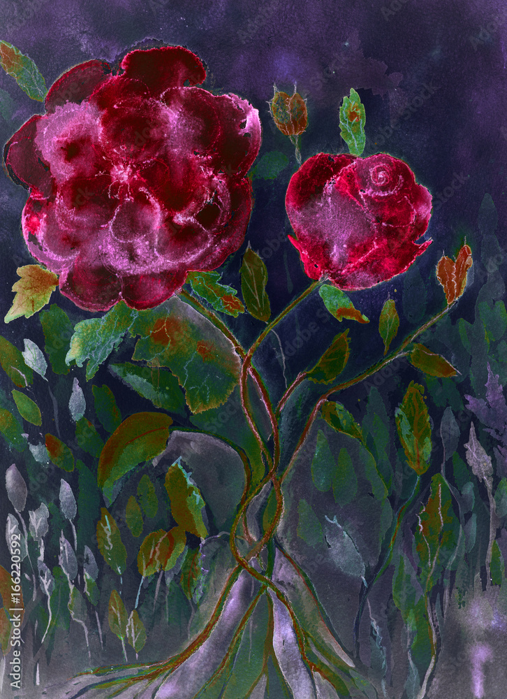 Roses popping out of a night sky. The dabbing technique near the edges ...