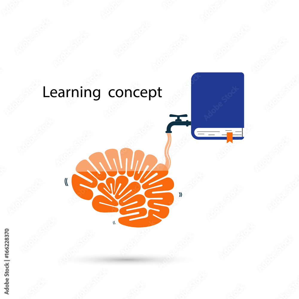 Brains icon and the textbook symbol with Learning and Knowledge filling ...