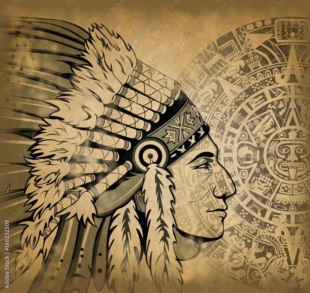 Indian with aztec calendar on old paper Stock Illustration | Adobe Stock