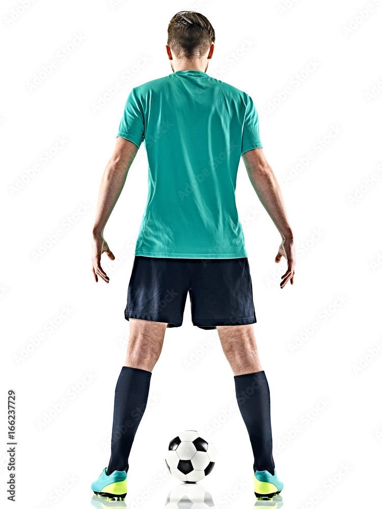 one caucasian soccer player man standing Rear View with football ...