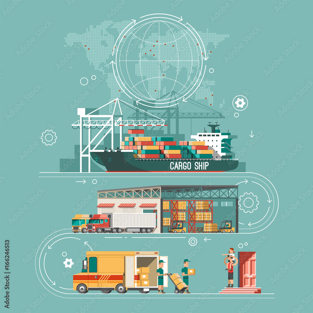 Delivery service concept. Container cargo ship loading, truck loader ...