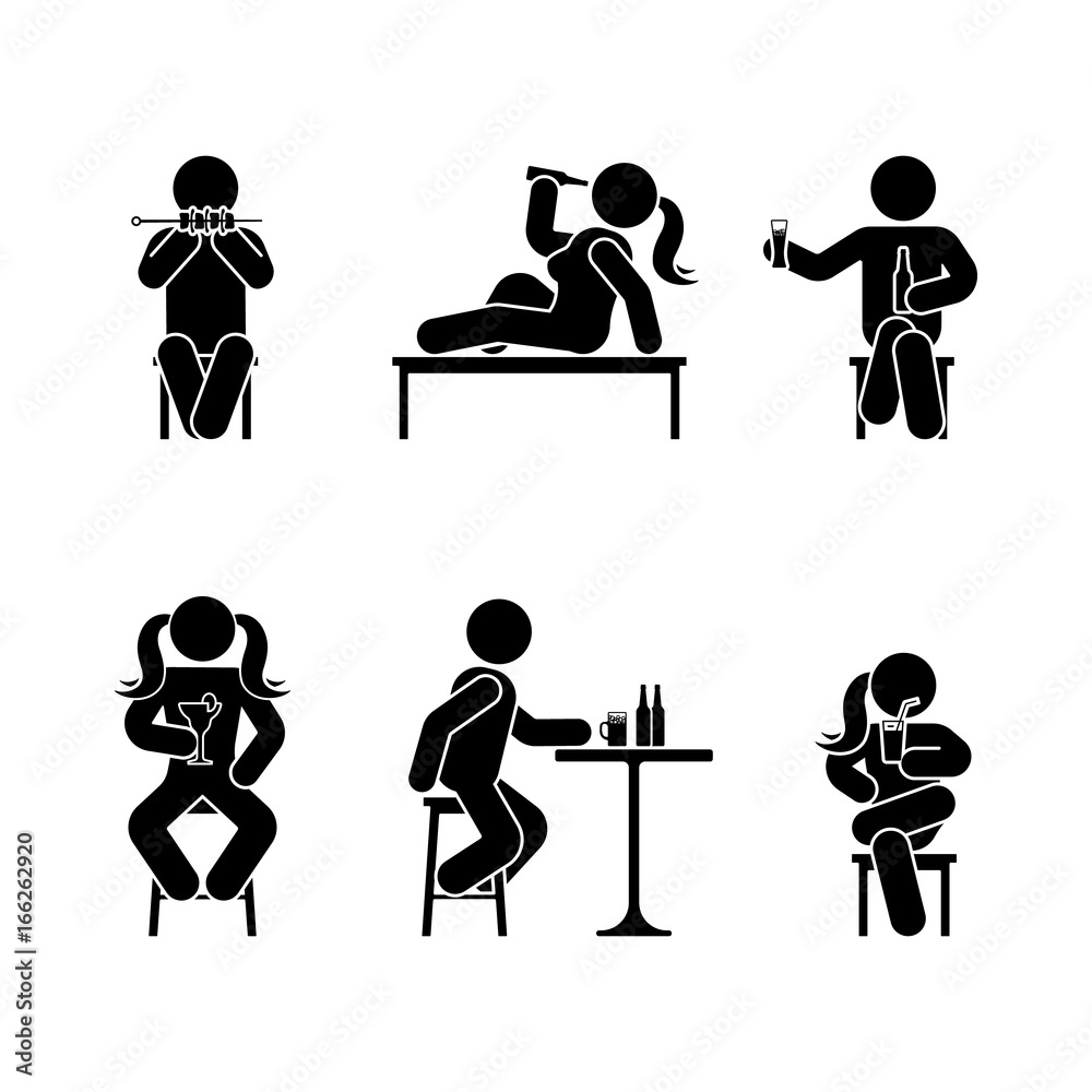 Man people various sitting, eating and drinking position. Posture stick ...