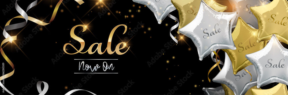 Sale now on background with silver and gold star shaped balloons ...