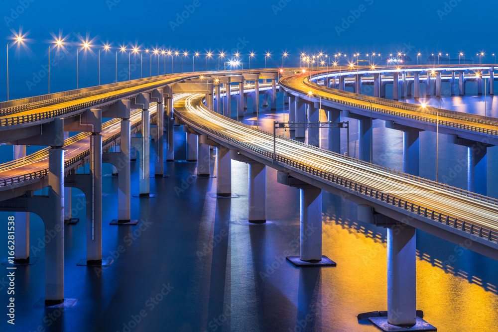 illuminated Xinghai Bay cross-sea bridge of Dalian,China. Stock Photo ...