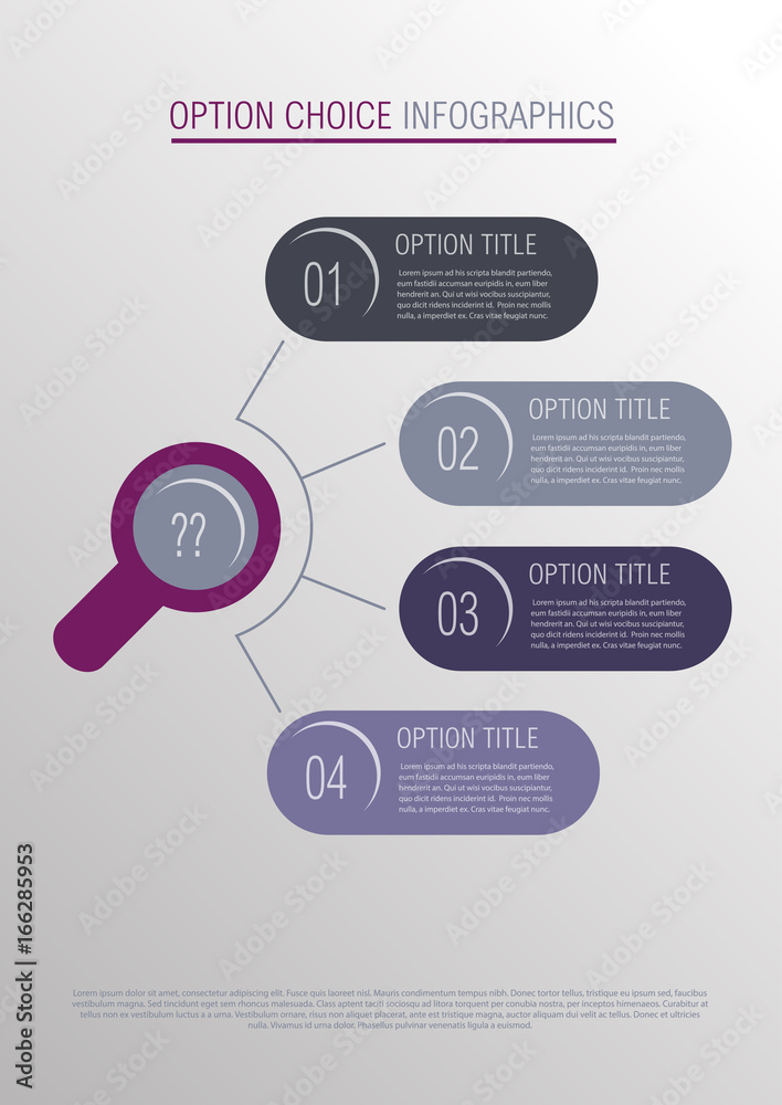 Infographic options choice template with a magnifying glass on a grey ...