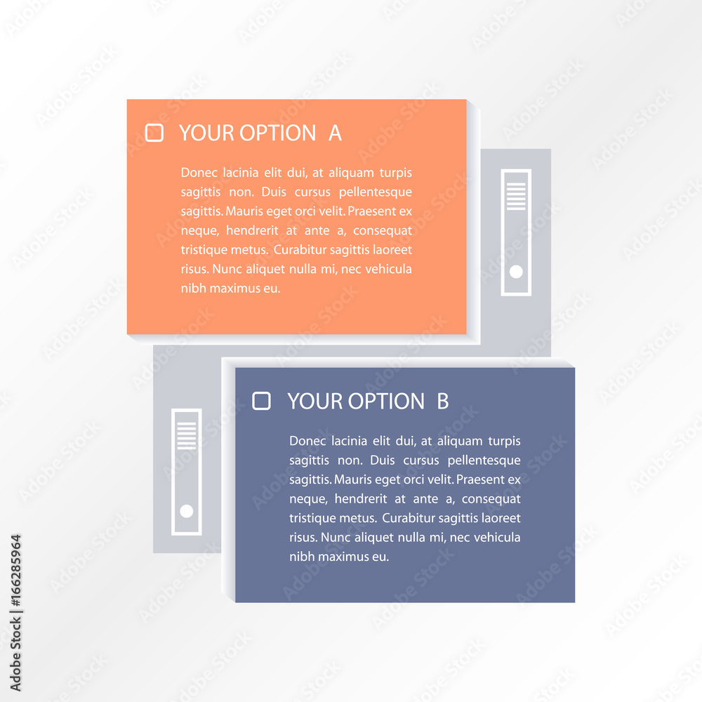 Infographic two options choice template with two rectangles and binders ...