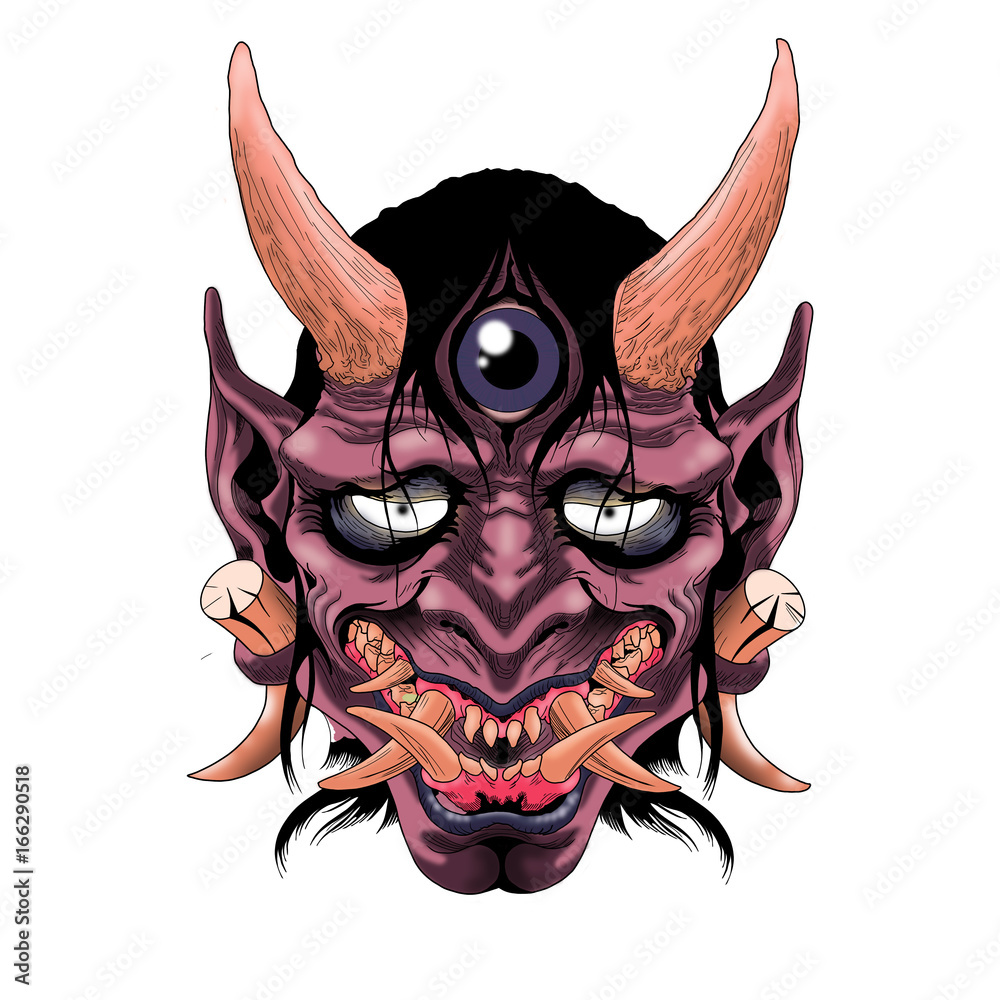 Traditional female Japanese demon tattoo design in full color. It is ...