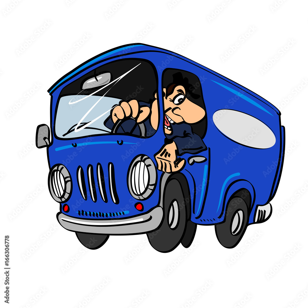 Cartoon blue bus with a driver. Stock Vector | Adobe Stock