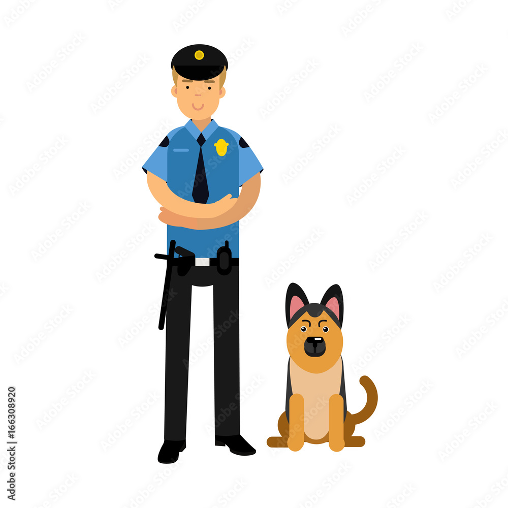 Policeman character in a blue uniform standing with german shepherd ...
