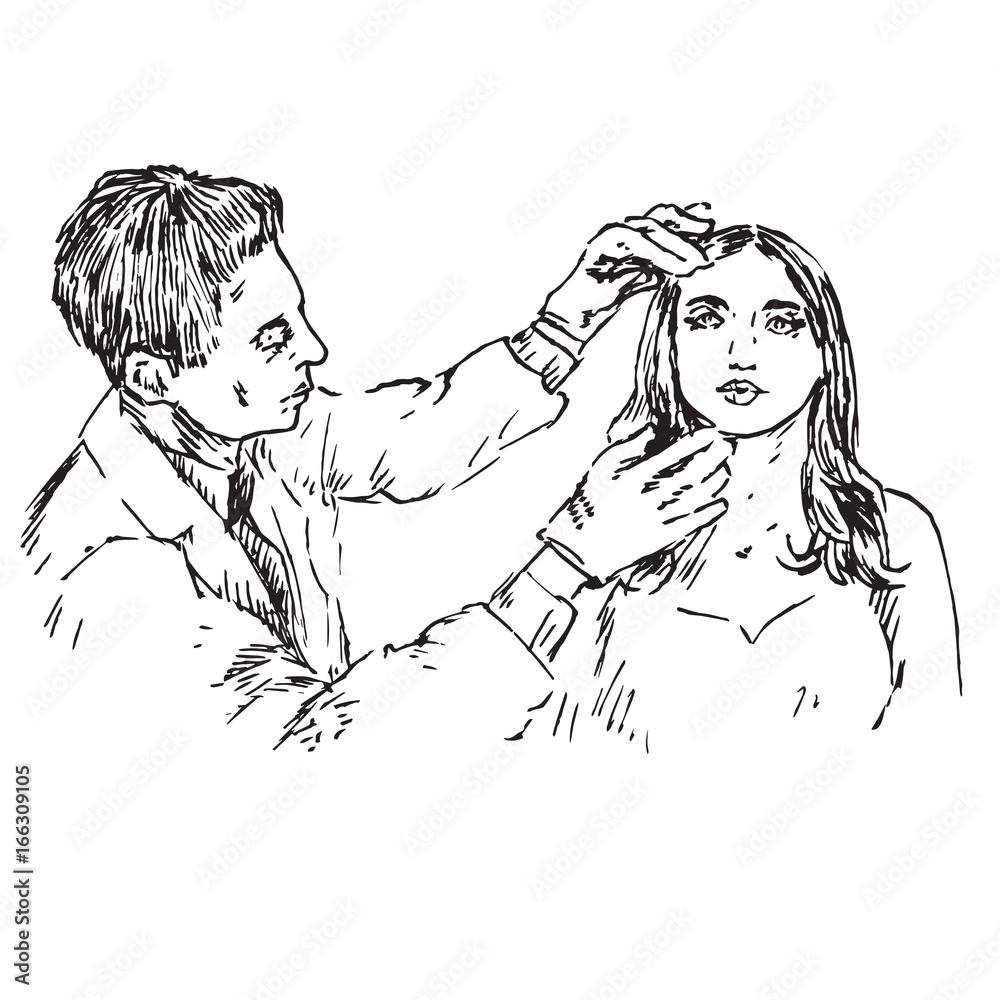 A dermatologist examines the skin of a beautiful patient's face, hand ...