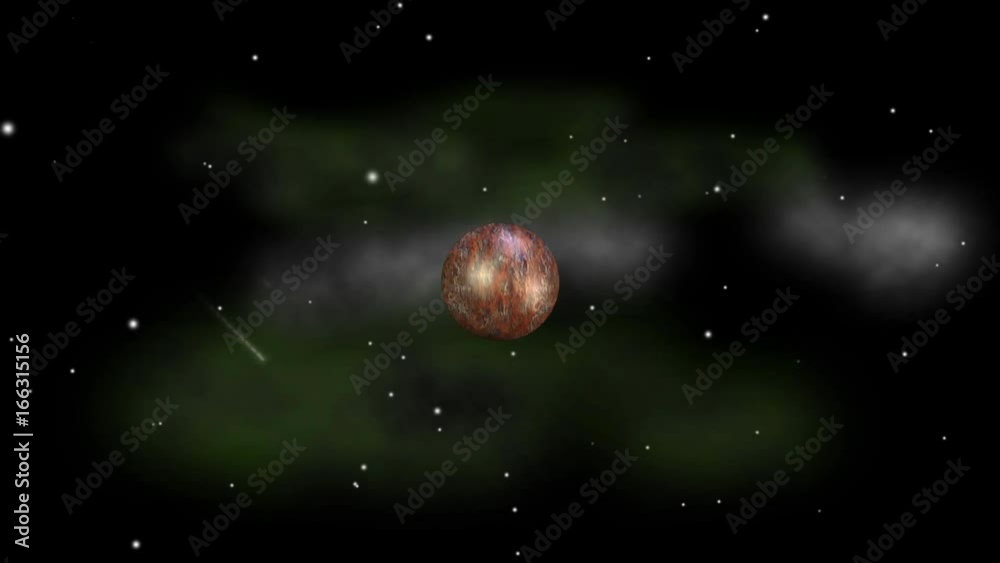 Spinning fantastic brown planet in a swarm of meteorites flying trough ...