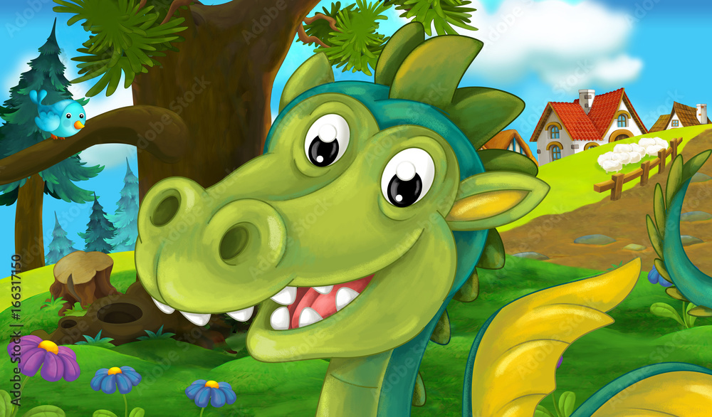 Cartoon background of a dragon near the village - illustration for ...