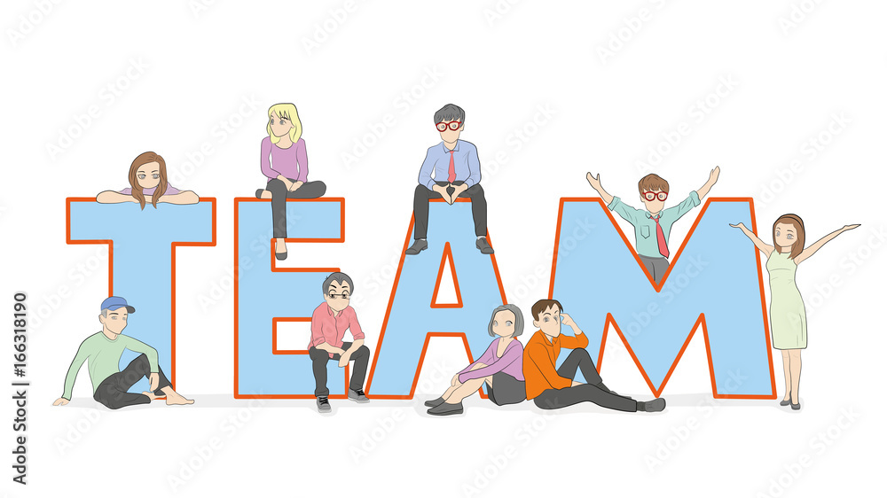 Sketch of working little people with a big word Team. Doodle is a cute ...