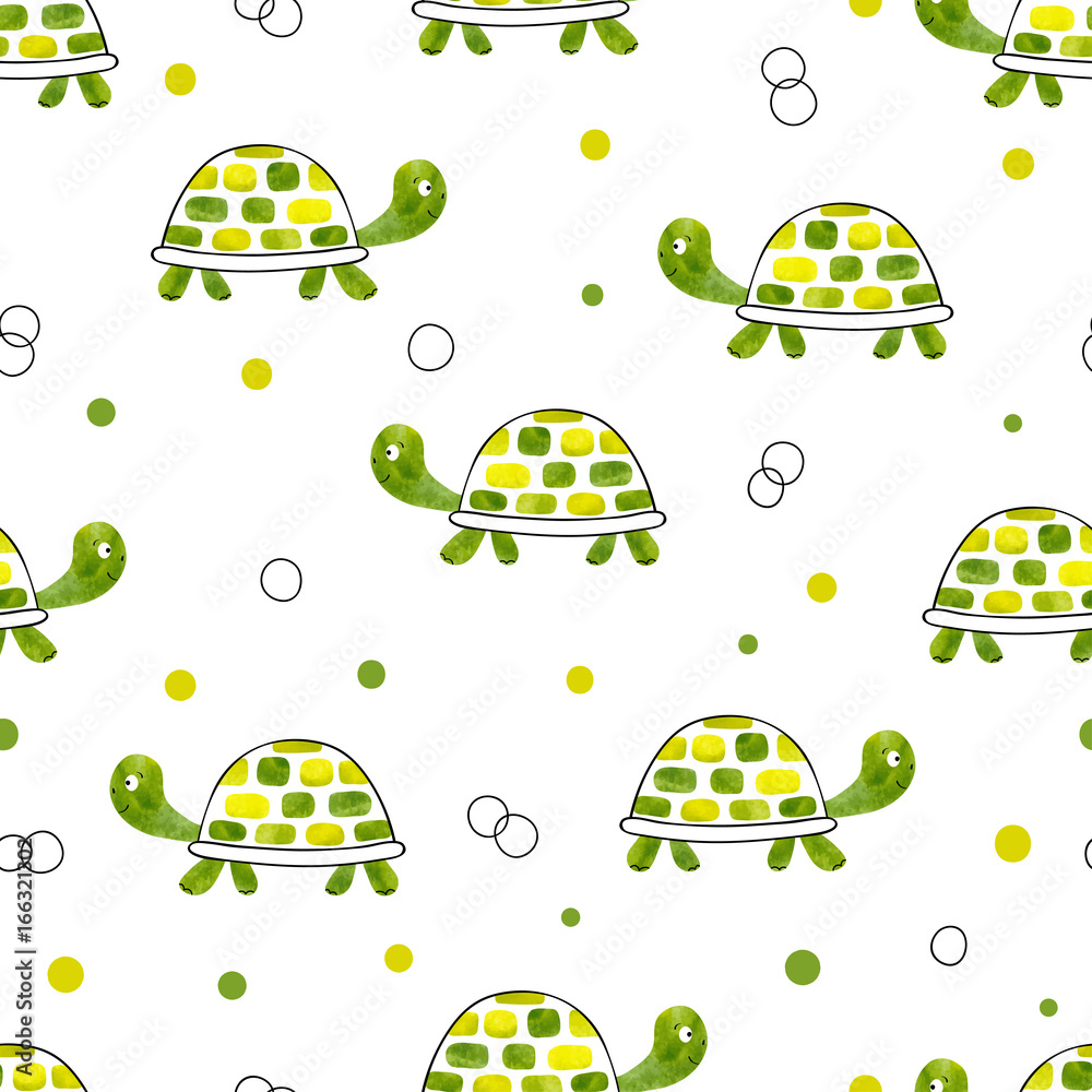 Green watercolor tortoise seamless pattern. Vector background with ...