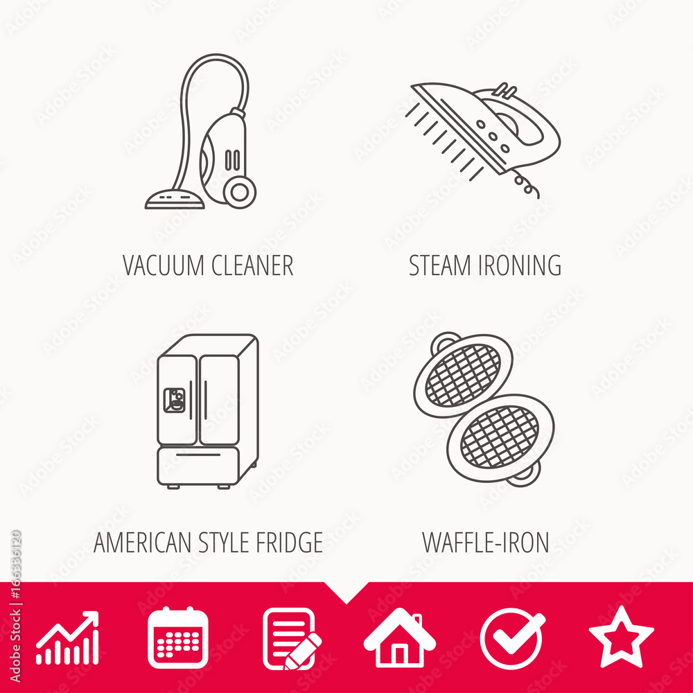 Vacuum cleaner, steam ironing and waffle-iron icons. American style ...