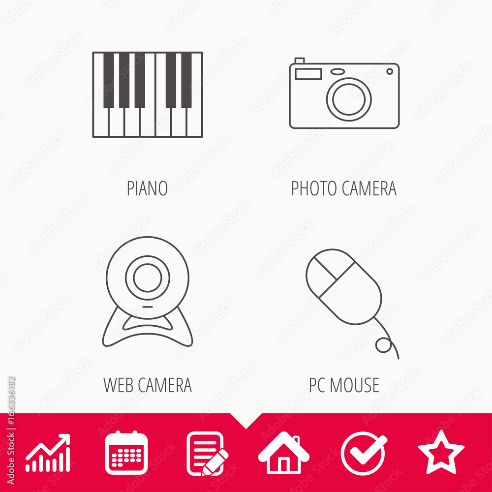 Piano, web camera and photo camera icons. PC mouse linear sign. Edit ...