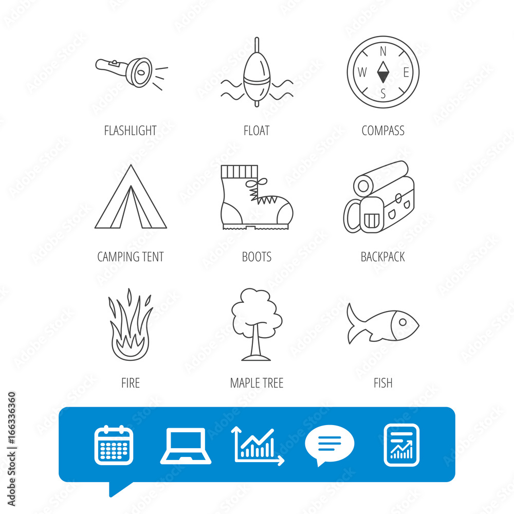 Maple tree, fishing float and hiking boots icons. Compass, flashlight ...
