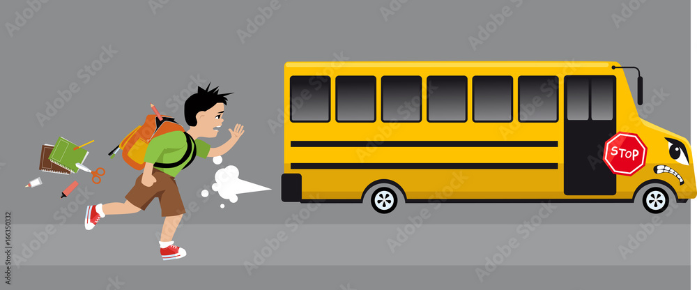 Little boy running after a school bus, losing school supplies, EPS 8 ...