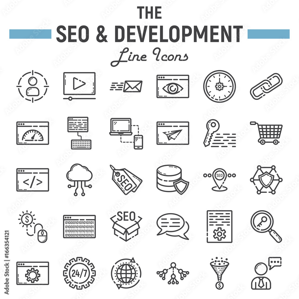 SEO and development line icon set, business symbols collection, marketing vector sketches, logo ...