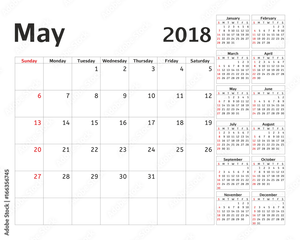 Simple calendar planner for 2018 year. Vector design May template. Set ...