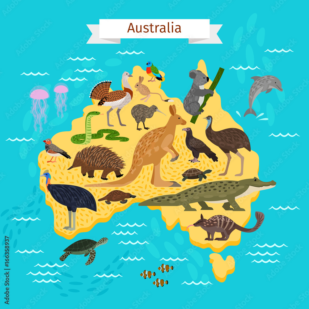 Animals and Birds on Australia Map Stock Vector | Adobe Stock