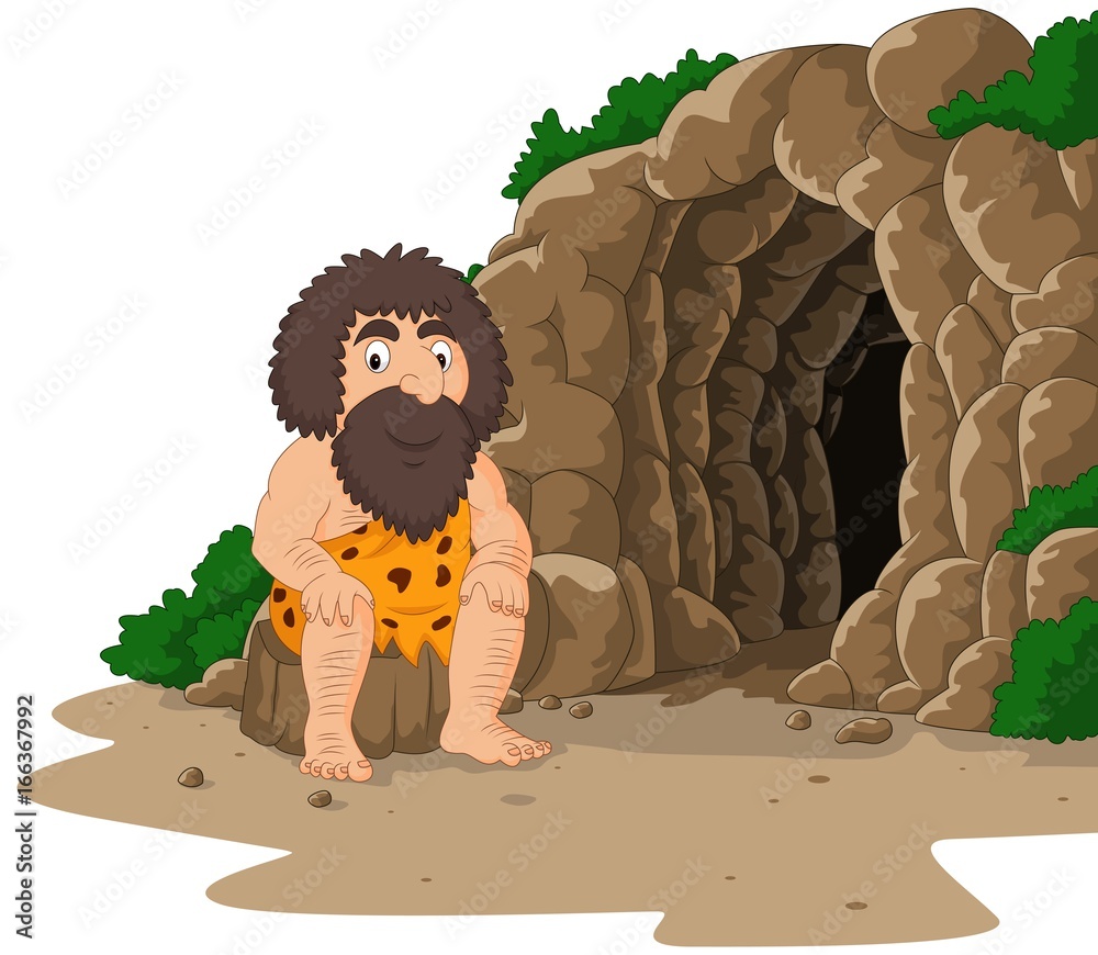 Cartoon caveman sitting with cave background Stock Vector | Adobe Stock