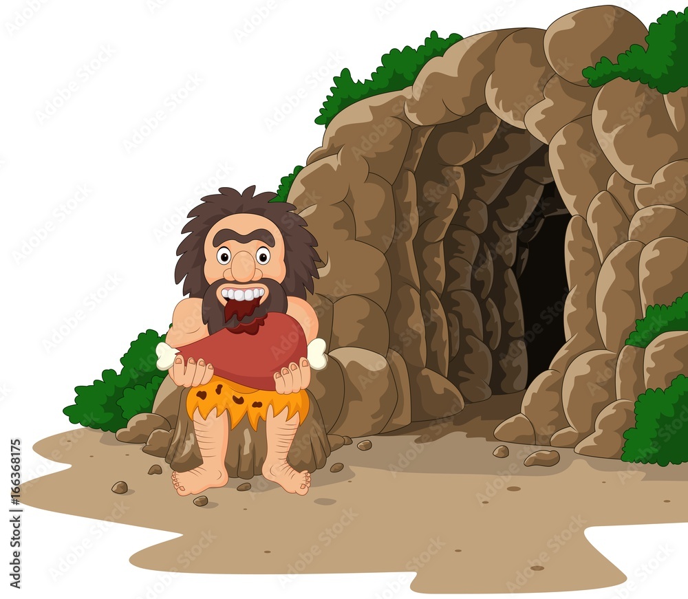Cartoon caveman eating meat with cave background Stock Vector | Adobe Stock