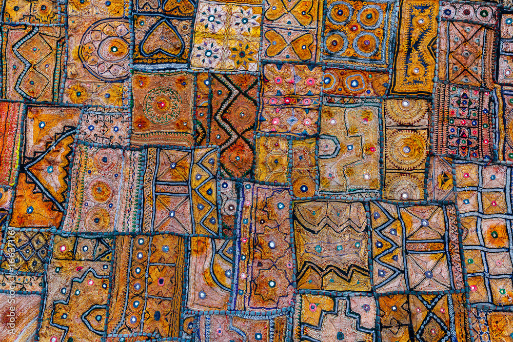 Colourful decorative pattern of squares on a traditional Indian piece ...