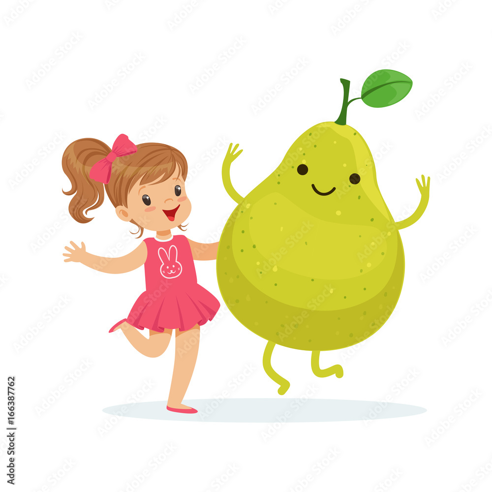 Happy girl having fun with fresh smiling pear fruit, healthy food for ...