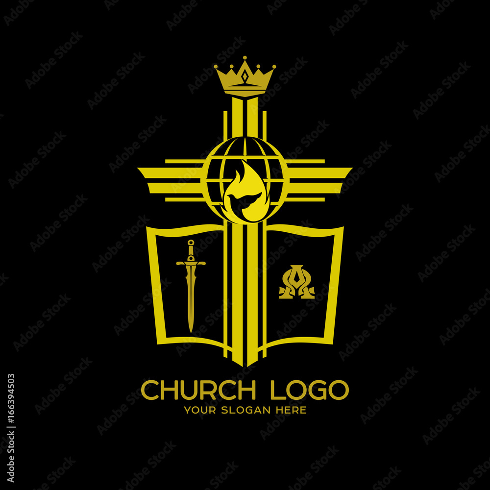 Church logo. Christian symbols. Cross, bible and symbols of the kingdom ...
