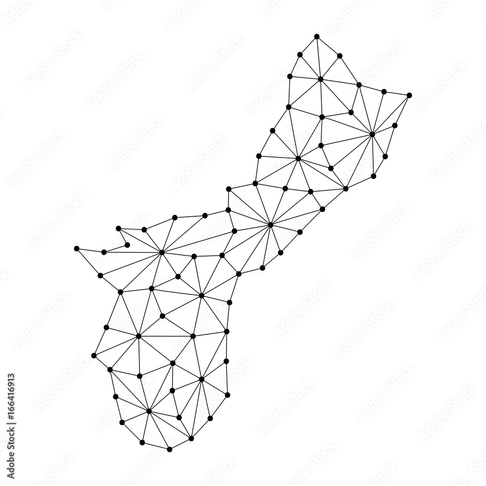 Territory of Guam map of polygonal mosaic lines network, rays and dots ...