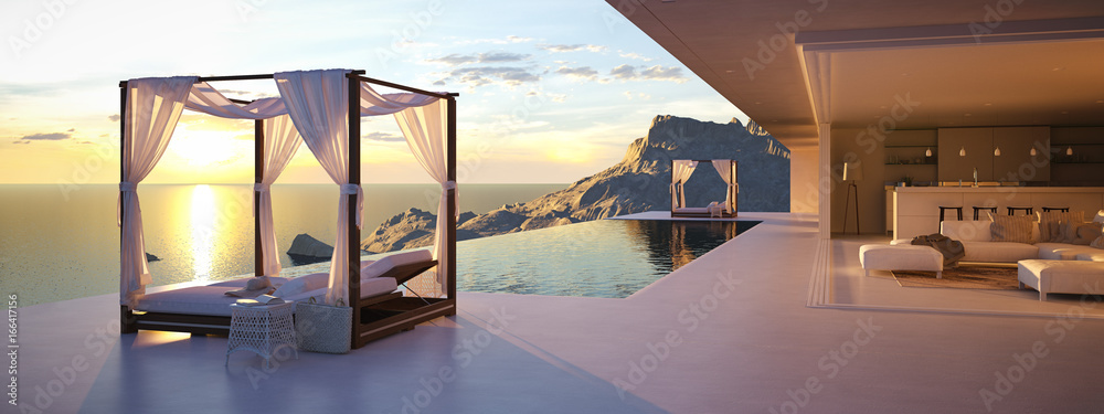 beautiful sunset at the infinity pool. 3d rendering Stock Illustration ...