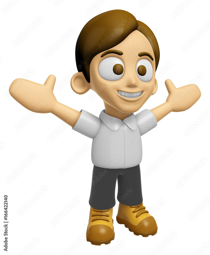3D Man Mascot is cheering hands spread wide. Work and Job Character ...