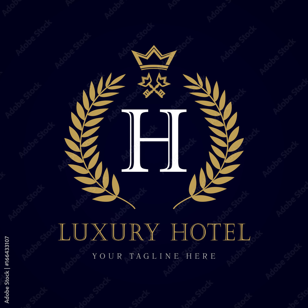 Luxury Hotel crown and key letter "H" monogram logo. Laurel elegant ...