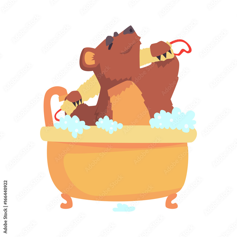 Cute cartoon bear taking a bath washing its body with washcloth, brown ...