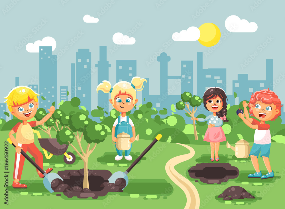 Children Planting Trees Cartoon