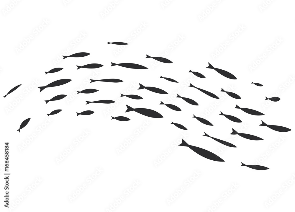 Silhouettes of groups of sea fishes. Colony of small fish. Icon with ...