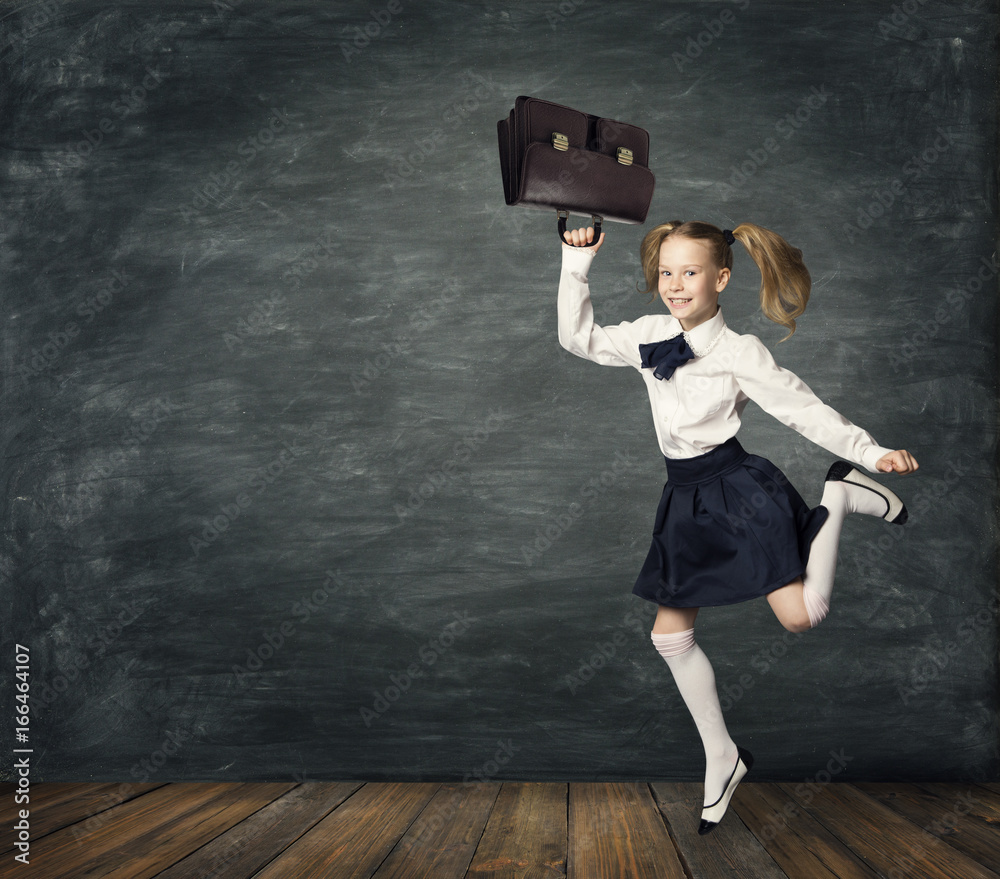 Child Running to School, Girl Kid Jump in Classroom over Blackboard ...