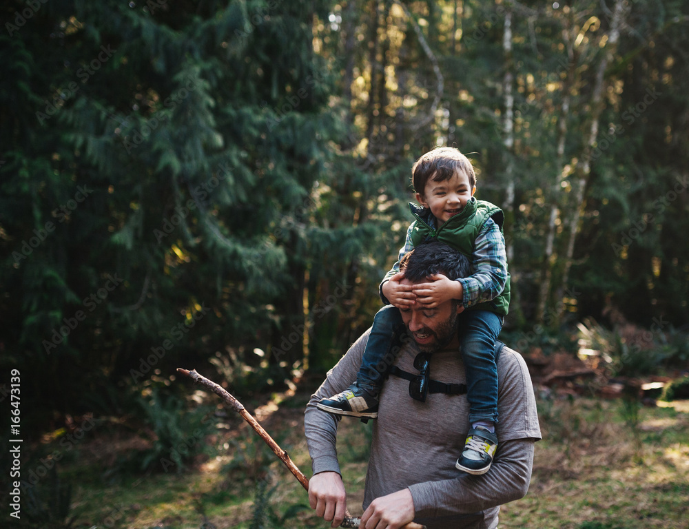 Young dad enjoying hike with happy little boy on his shoulders Stock ...