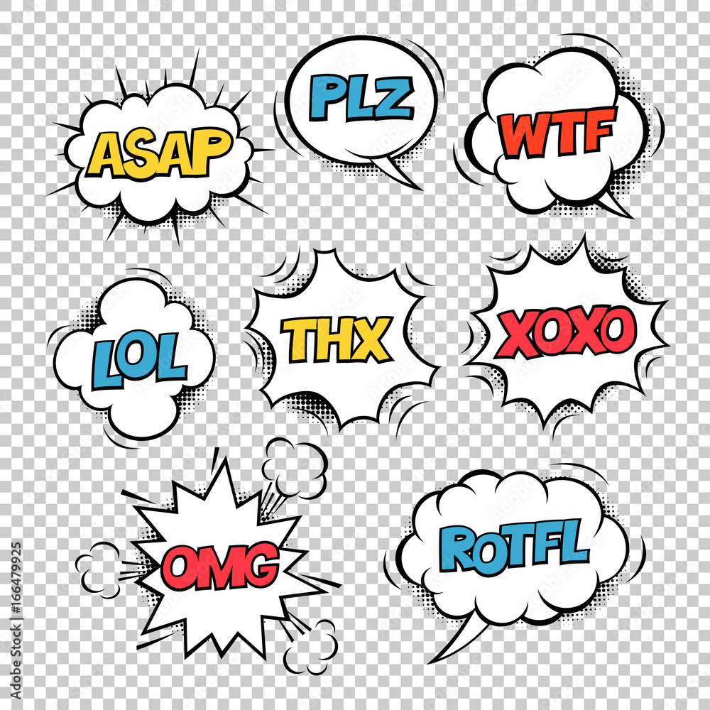 Most common used internet acronyms on comics style colorful speech ...