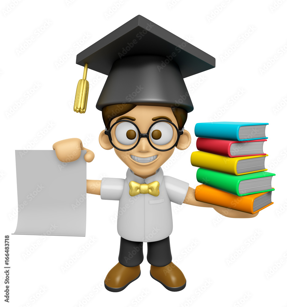 3D Scholar Man Mascot is holding a pile of books. Work and Job ...