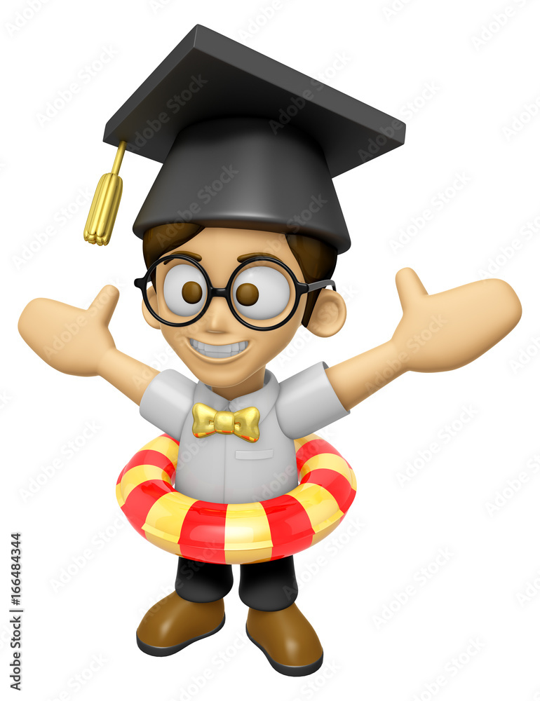 3D Scholar Man Mascot is played in the pool on a tube. Work and Job ...