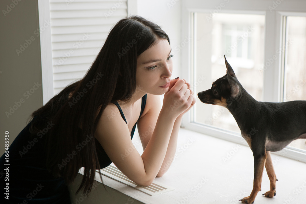 Strong friendship between loving girl and dog. Small puppy and lonely ...