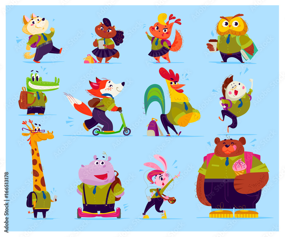 Vector flat collection of happy funny animal students element set ...