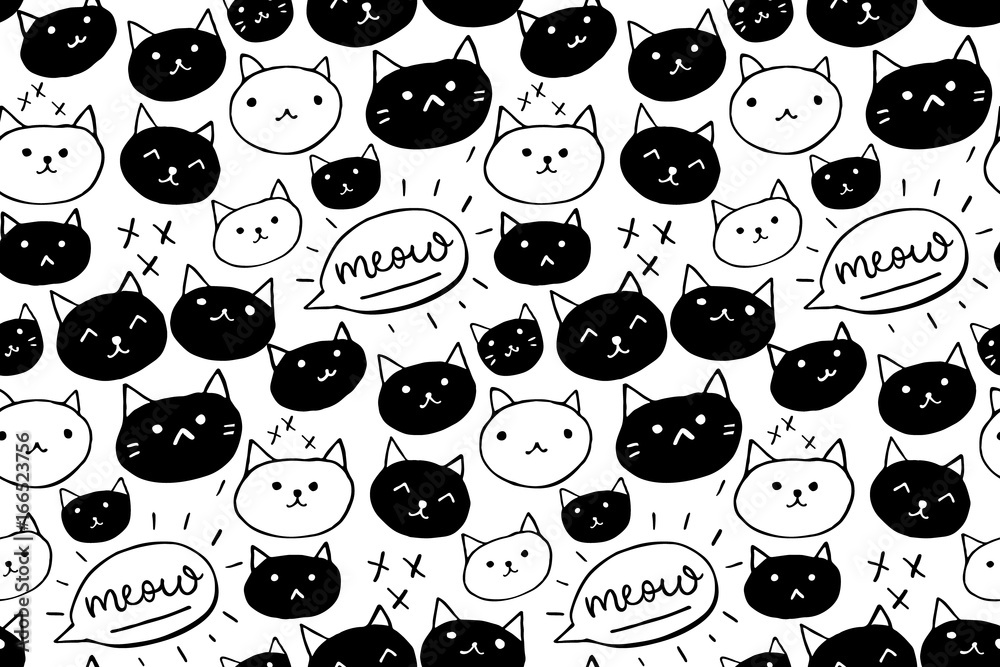 Cat pattern. Seamless background with black and white hand drawn cats ...