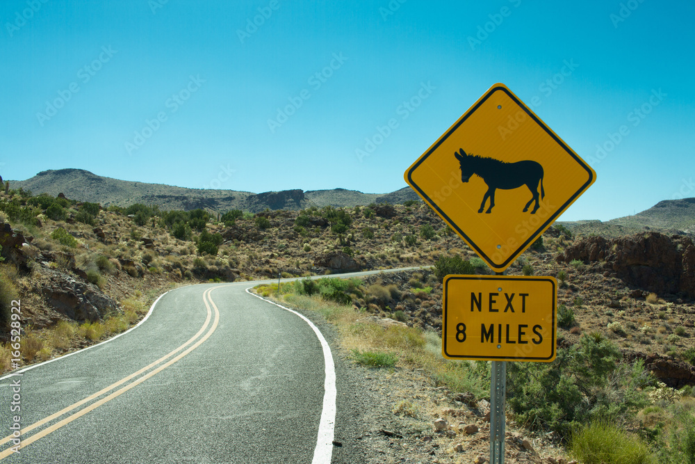Route 66 Donkey Crossing Sign / Route 66 Rocky Desert Road with Donkey ...