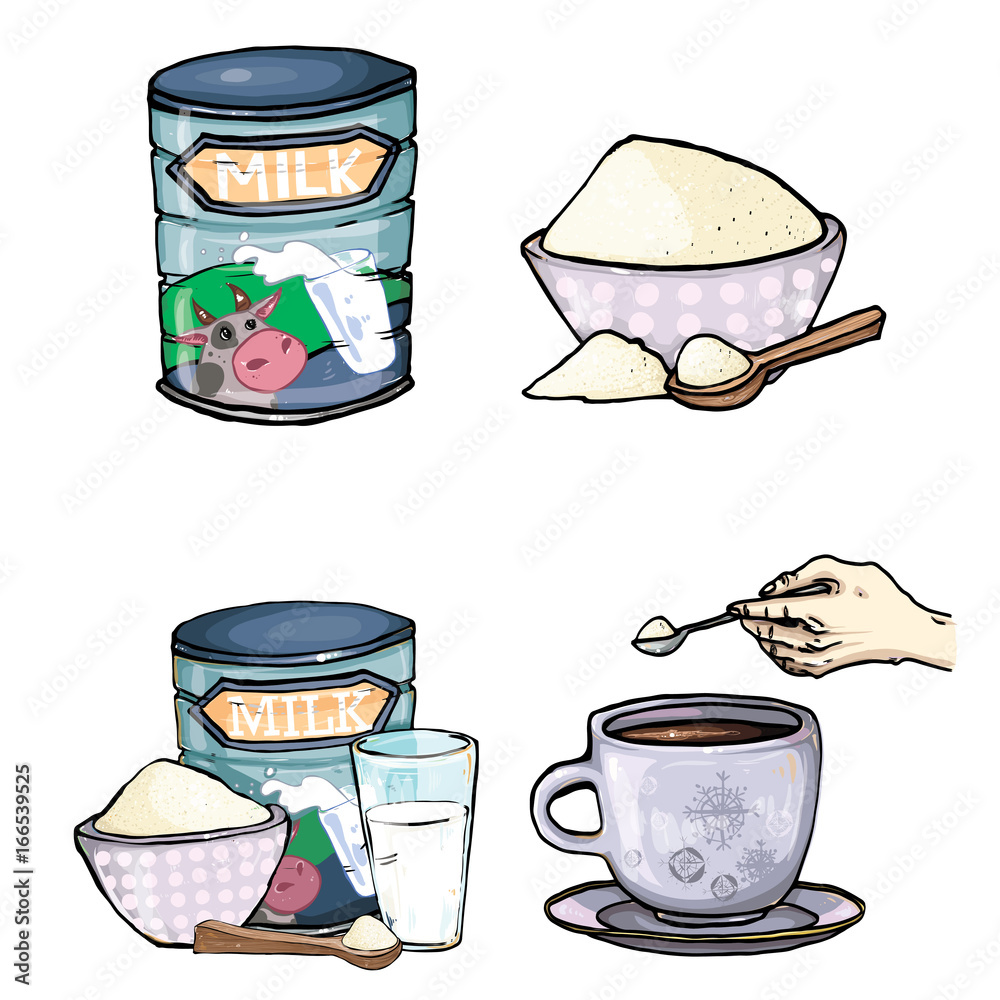 Vector set of cartoon illustration of milk powder in a closed aluminum ...